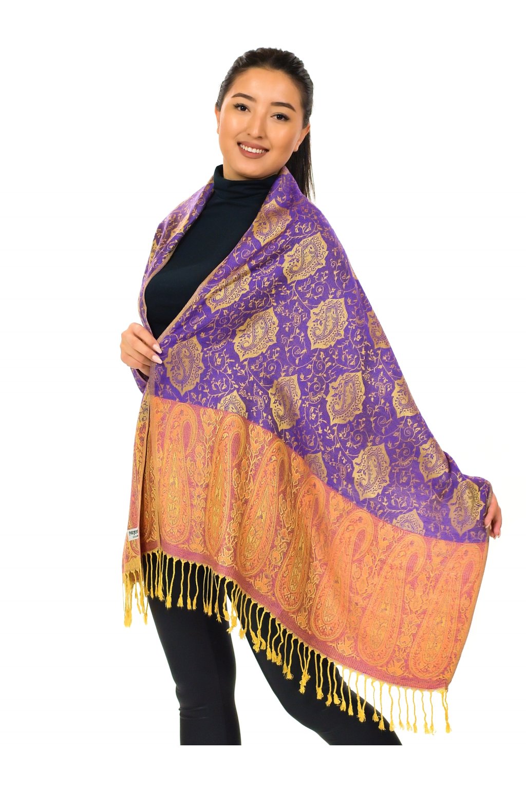 Šátek pašmína Nepal - fialová se zlatou - Himalife.cz